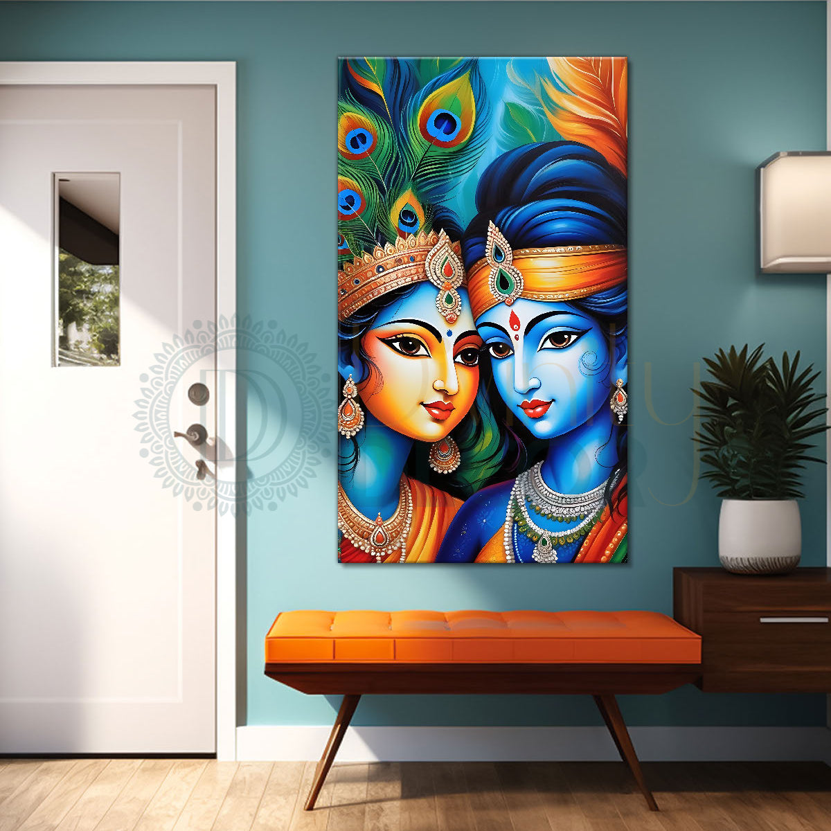 Blue face of krishna with radha in orange background textured art Canv ...