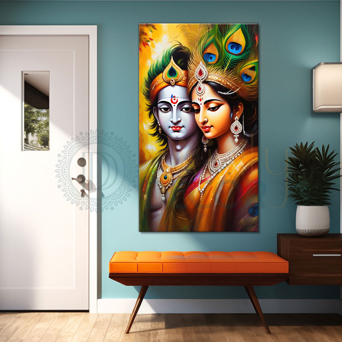 Blue face of krishna with radha in yellow background textured art Canv ...