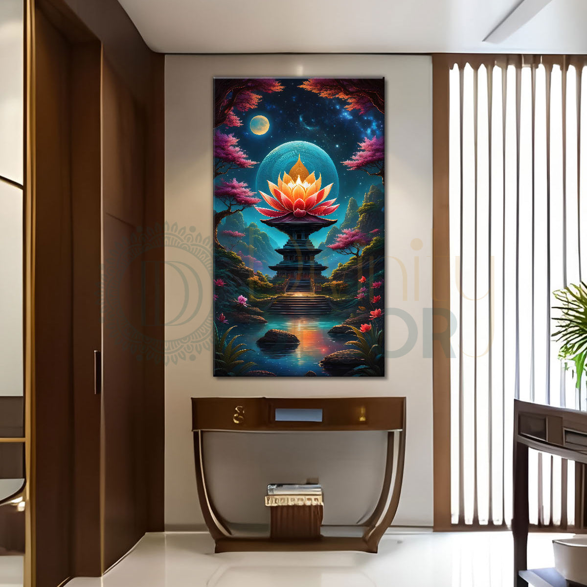 Lotus on temple with lake and colourful background textured painting C ...