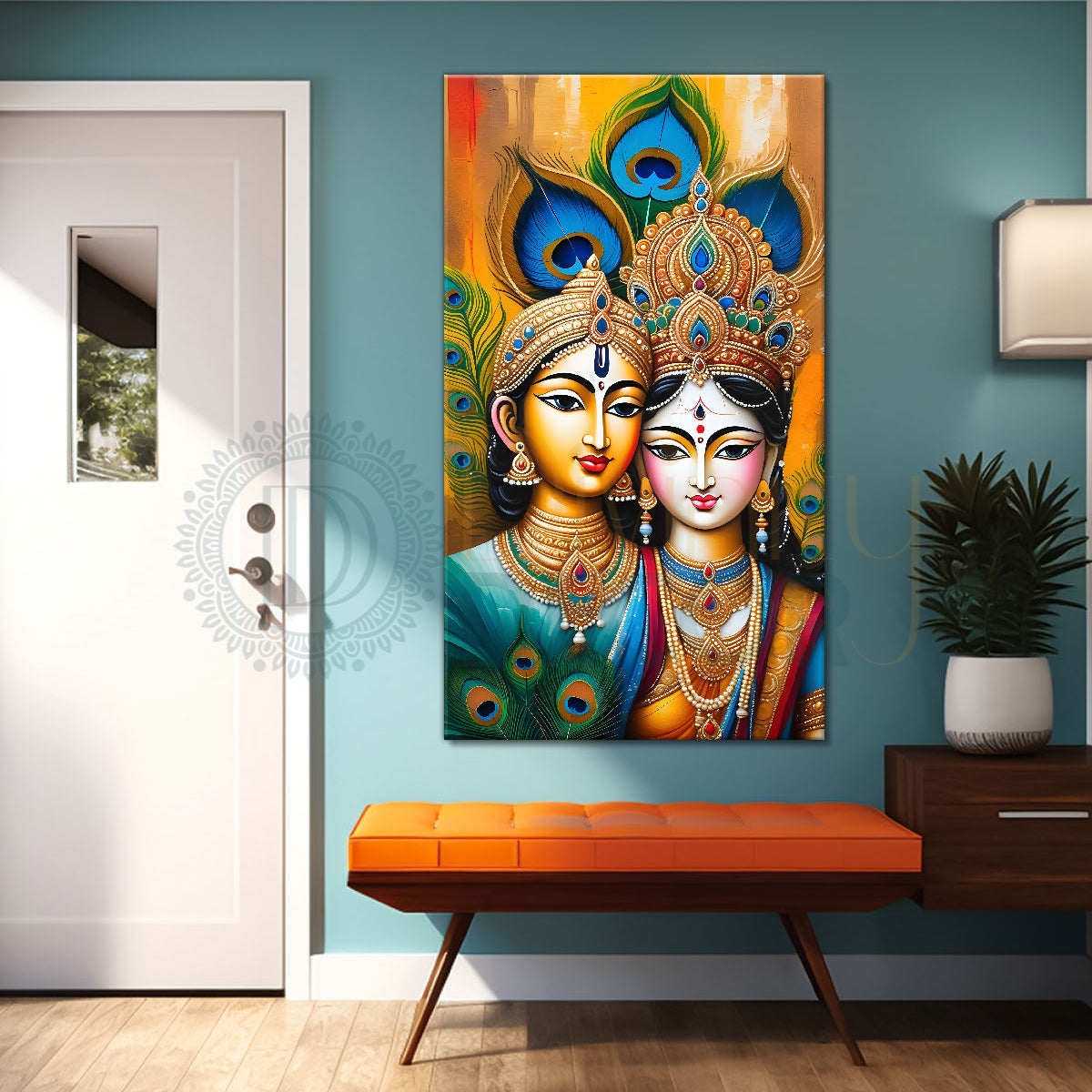 Krishna with radha in orange background textured art Canvas Painting ...