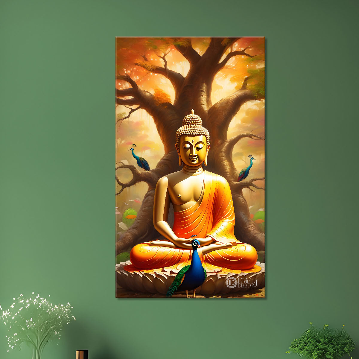 Golden buddha sitting on lotus with trees,peacock and orange backgroun ...