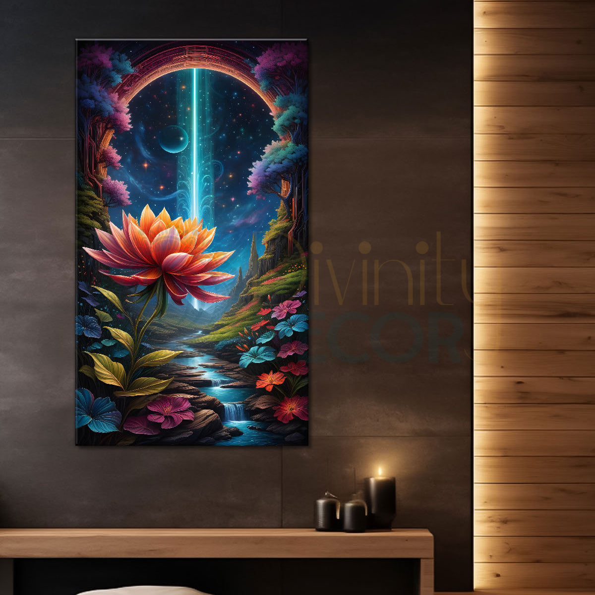 Lotus flower with cosmic ray in dark textured painting - Flower-V-10 ...