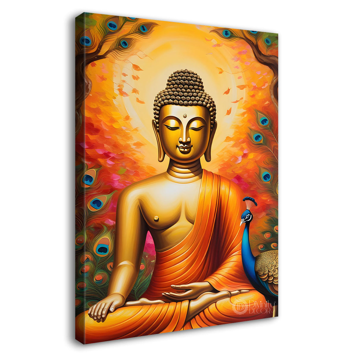 Golden buddha sitting on lotus with trees,peacock and orange backgroun ...