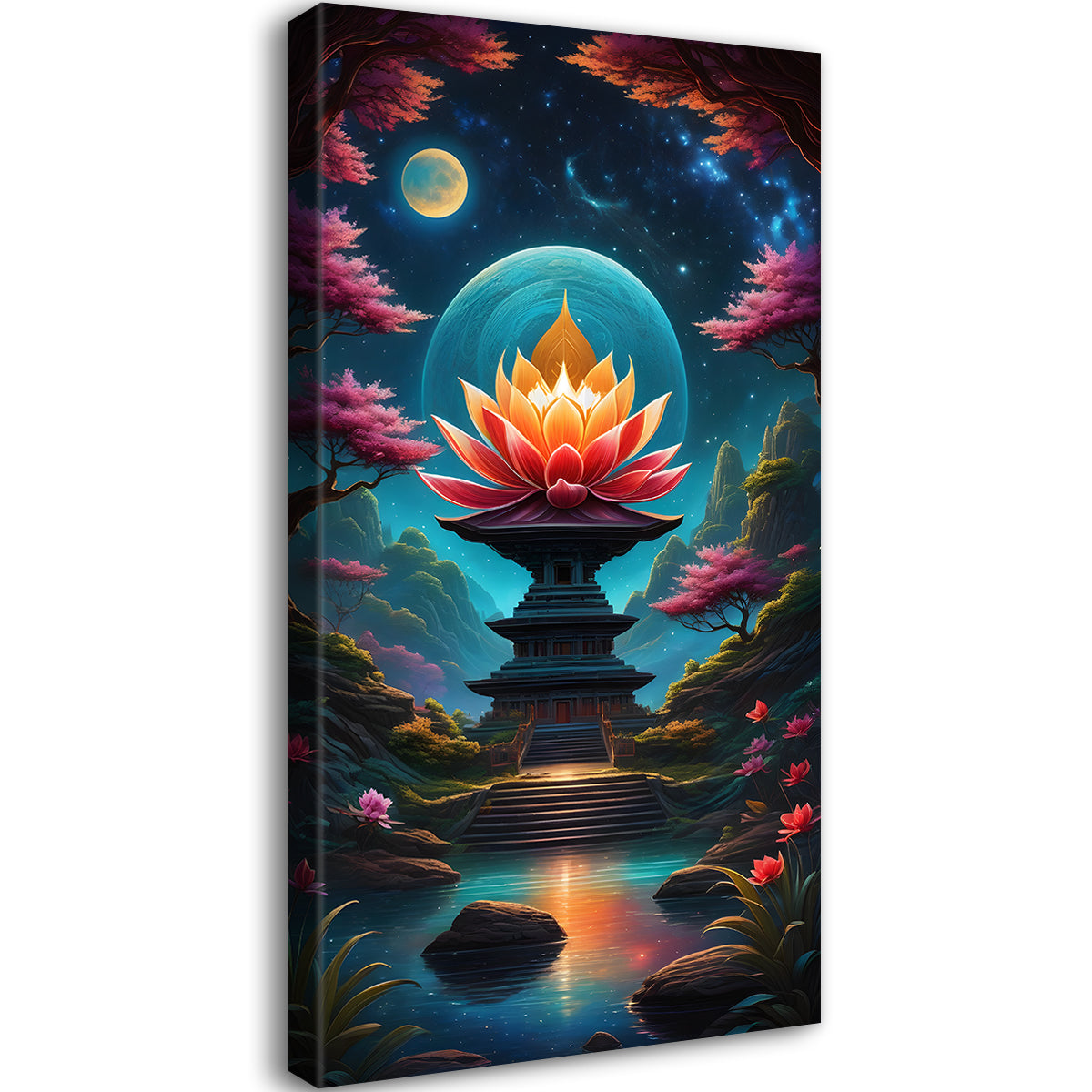 Lotus on temple with lake and colourful background textured painting C ...