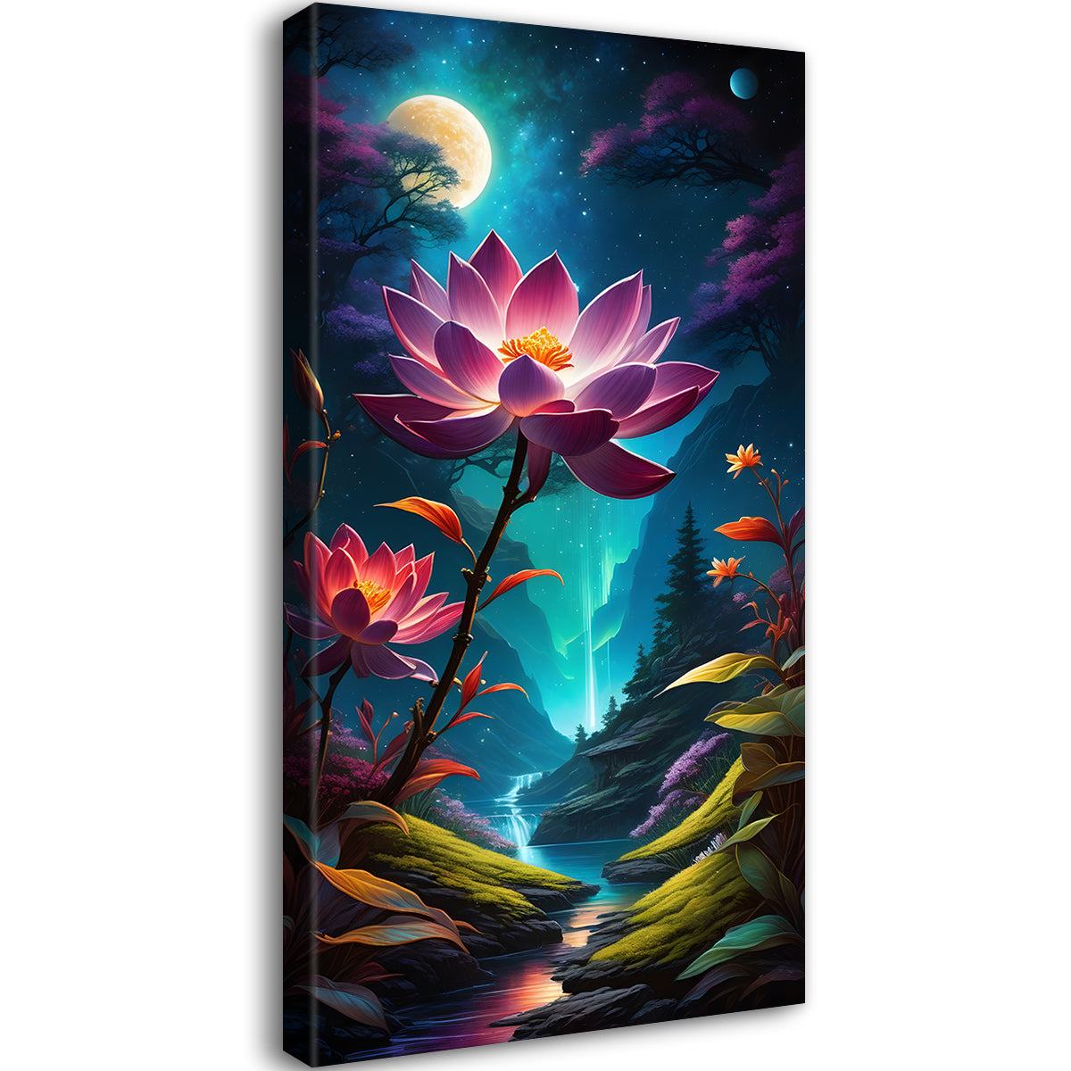 Lotus with mountians and night night background with moon textured pai ...