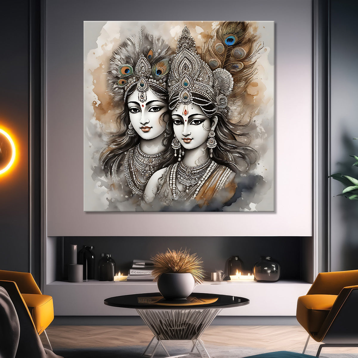 Krishna and radha with grey and bown textured oil painting Canvas Pain ...